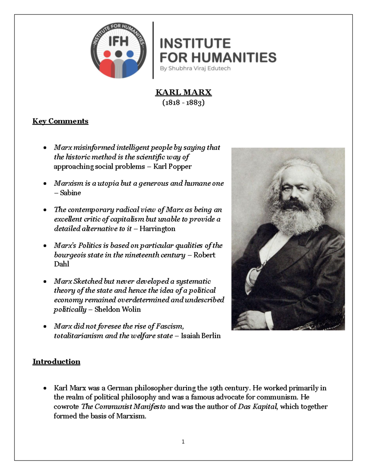KARL MARX (1818-1883) Summary of Key Writings and Theories - Studocu