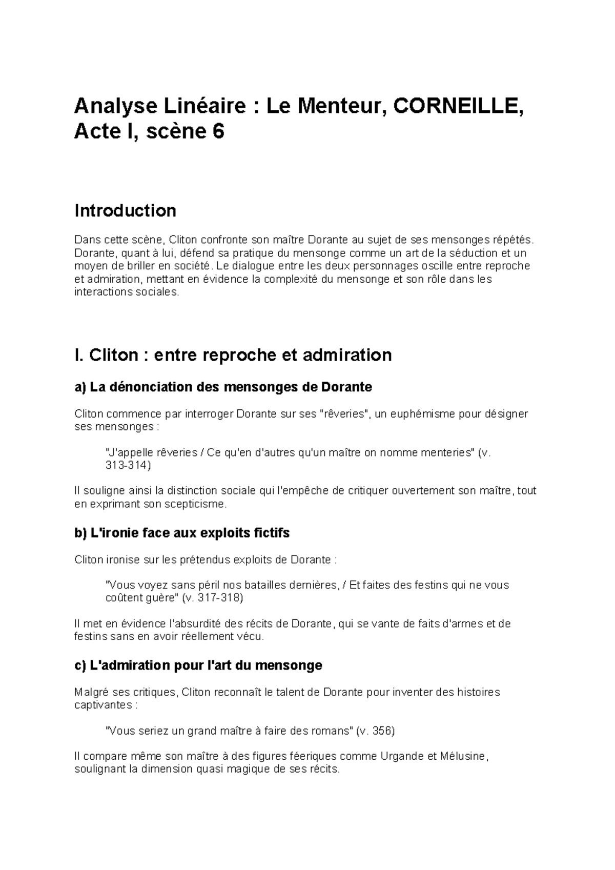 Analyse Linéaire : Acte I, Scène 6 de "Le Menteur" de Corneille - Studocu