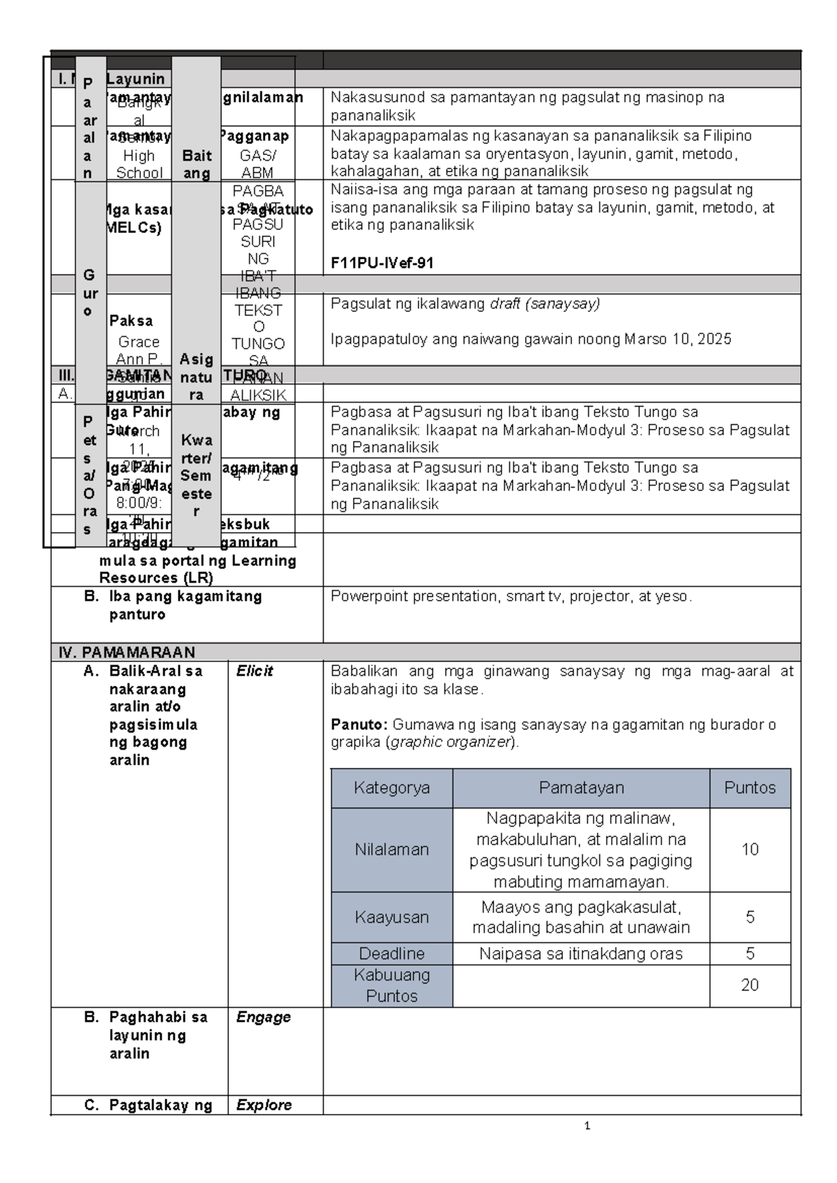 March 11, 2025 - lesson plan - I. Mga Layunin A. Pamantayan ...
