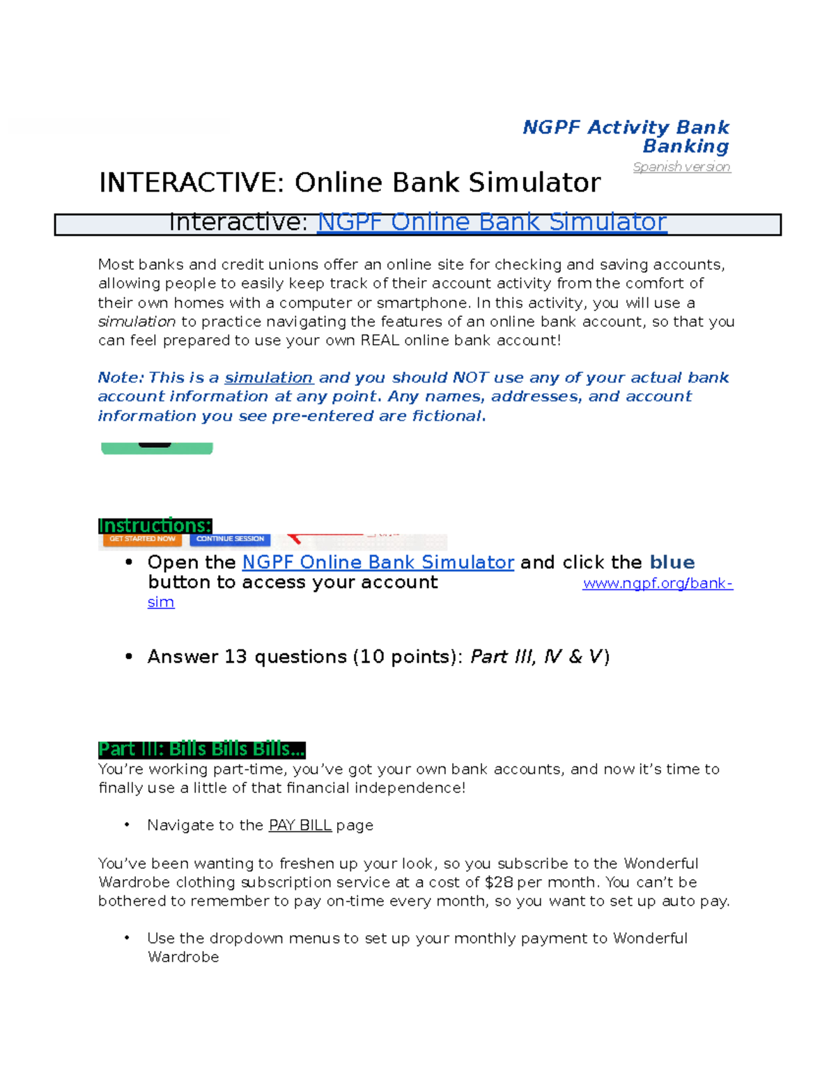 NGPF Activity: Online Bank Simulator Parts 3-5 Guide - Studocu