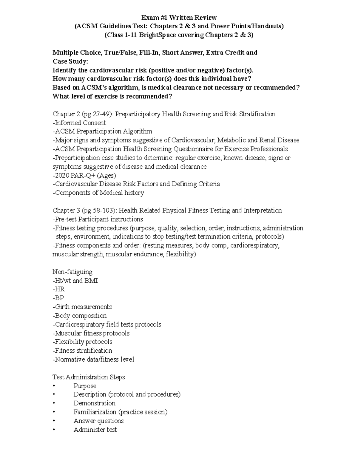 Exam #1 Review for ACSM Guidelines (Chapters 2 & 3) - Class 1-11 - Studocu