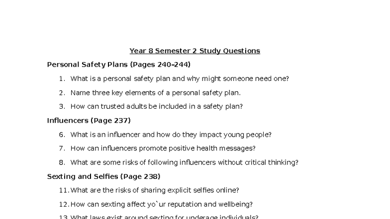 Year 8 Semester 2 Study Questions on Personal Safety & Health - Studocu