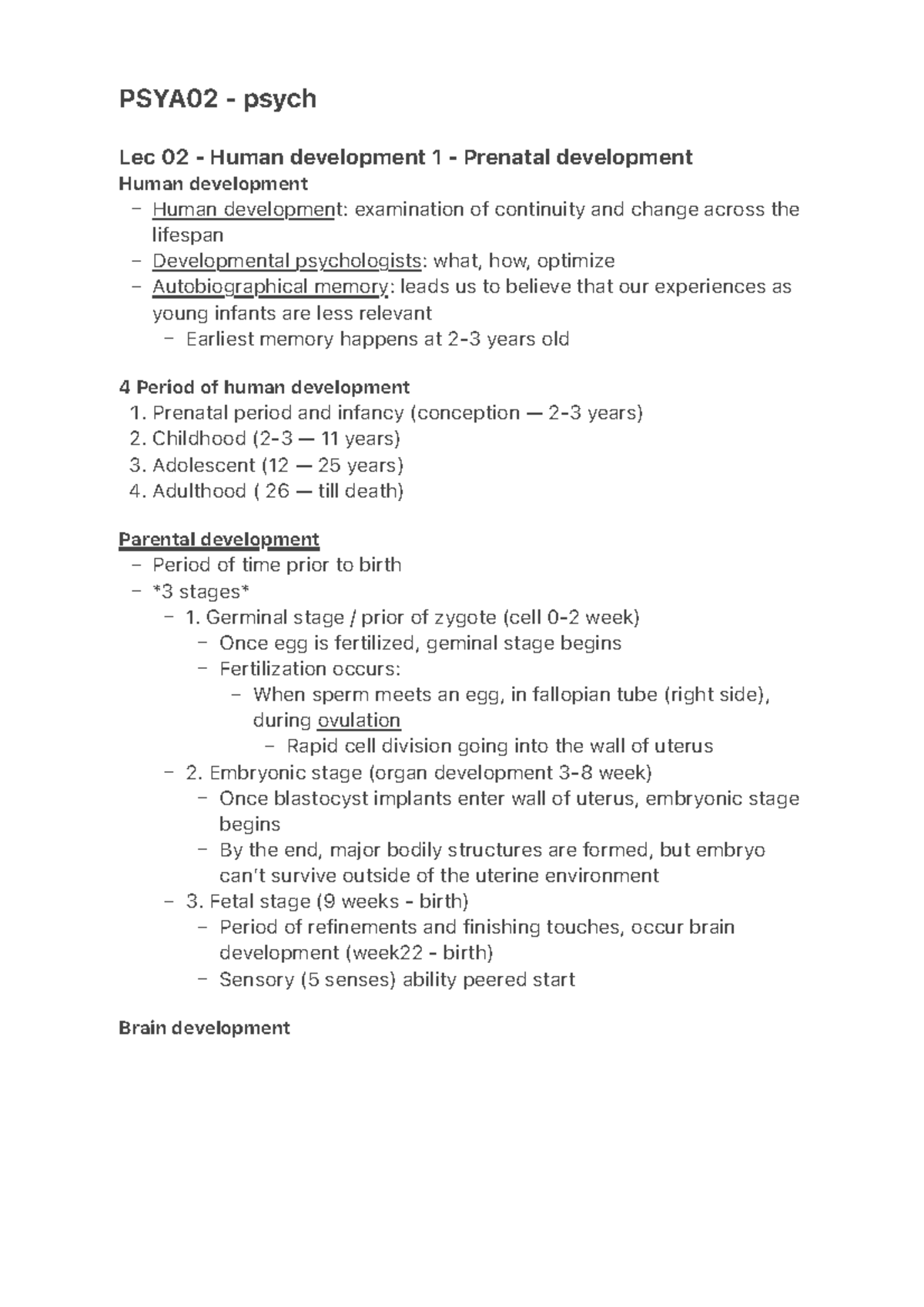 PSYA02 - Psych Lecture Notes: Human Development Across the Lifespan ...