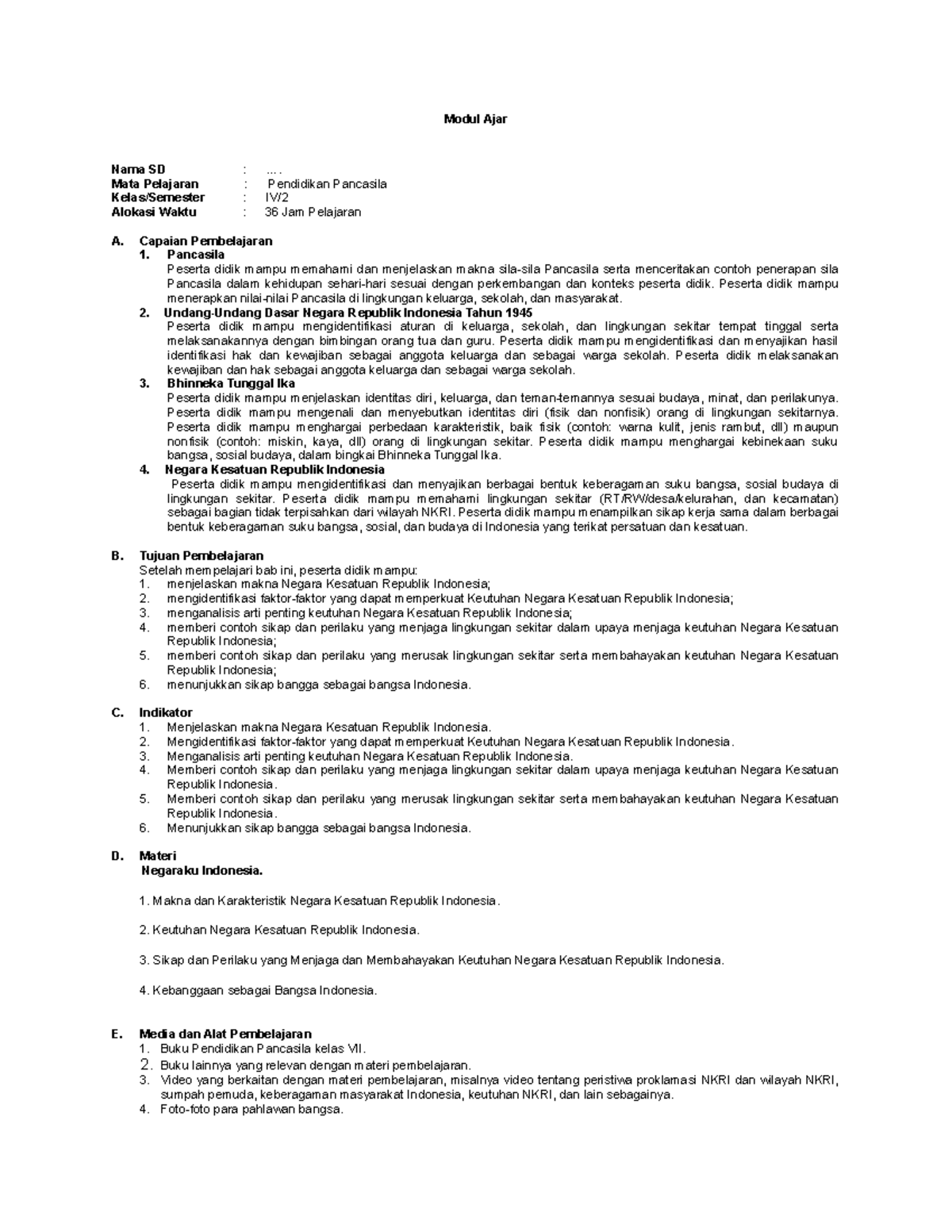RPP PPKN Kelas 4 Bab 4: Membangun Kesadaran NKRI dalam Kurikulum ...