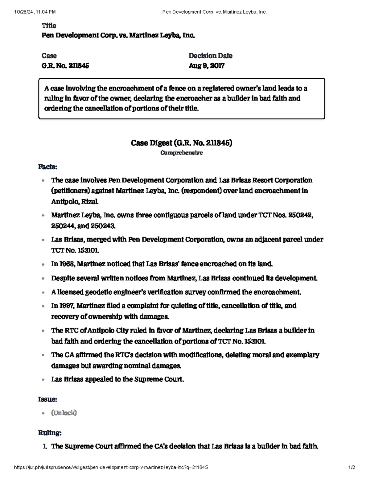 Case Digest: Pen Development Corp. vs. Martinez Leyba, Inc. (G. No ...