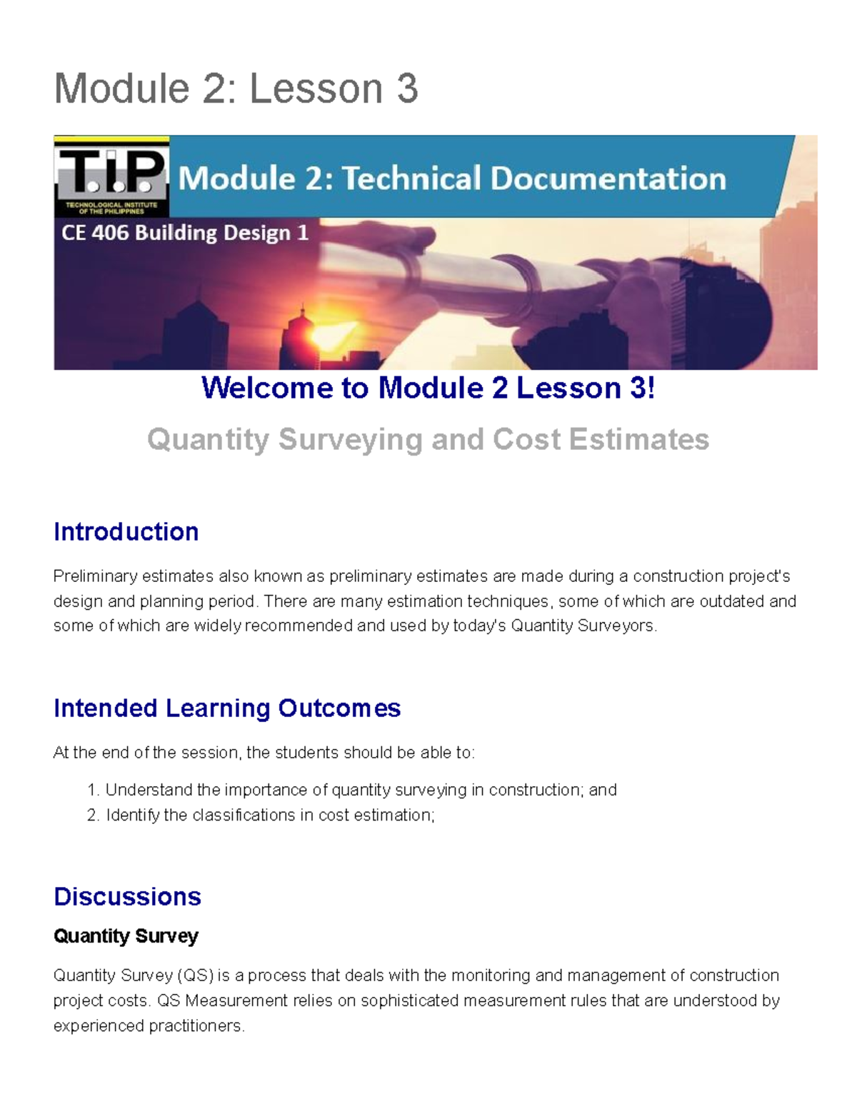 Module 2 Lesson 3 CE 104 - Quantity Surveying & Cost Estimates - Studocu