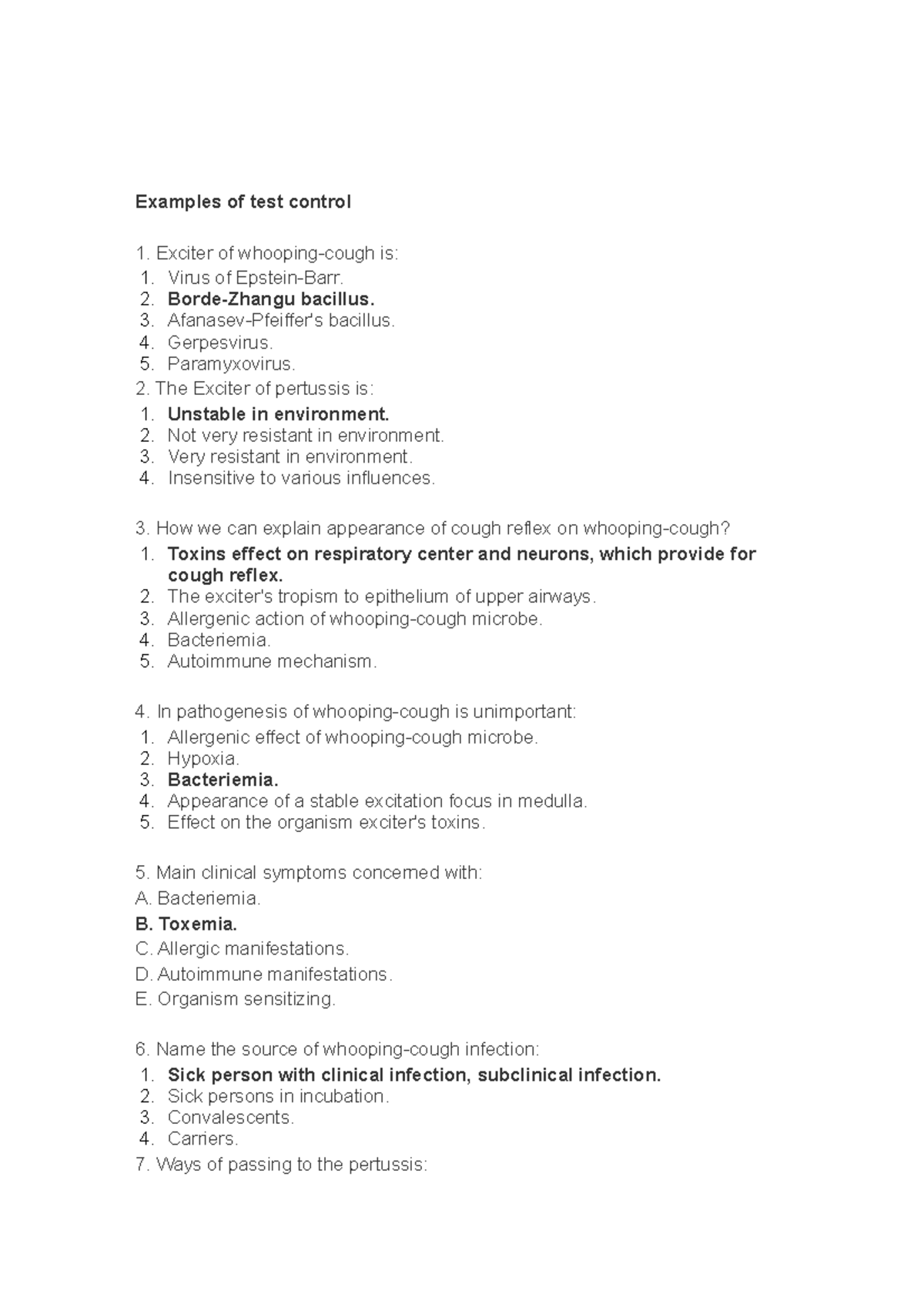 Test Pertussis MCQs - Comprehensive Guide to Whooping Cough - Studocu