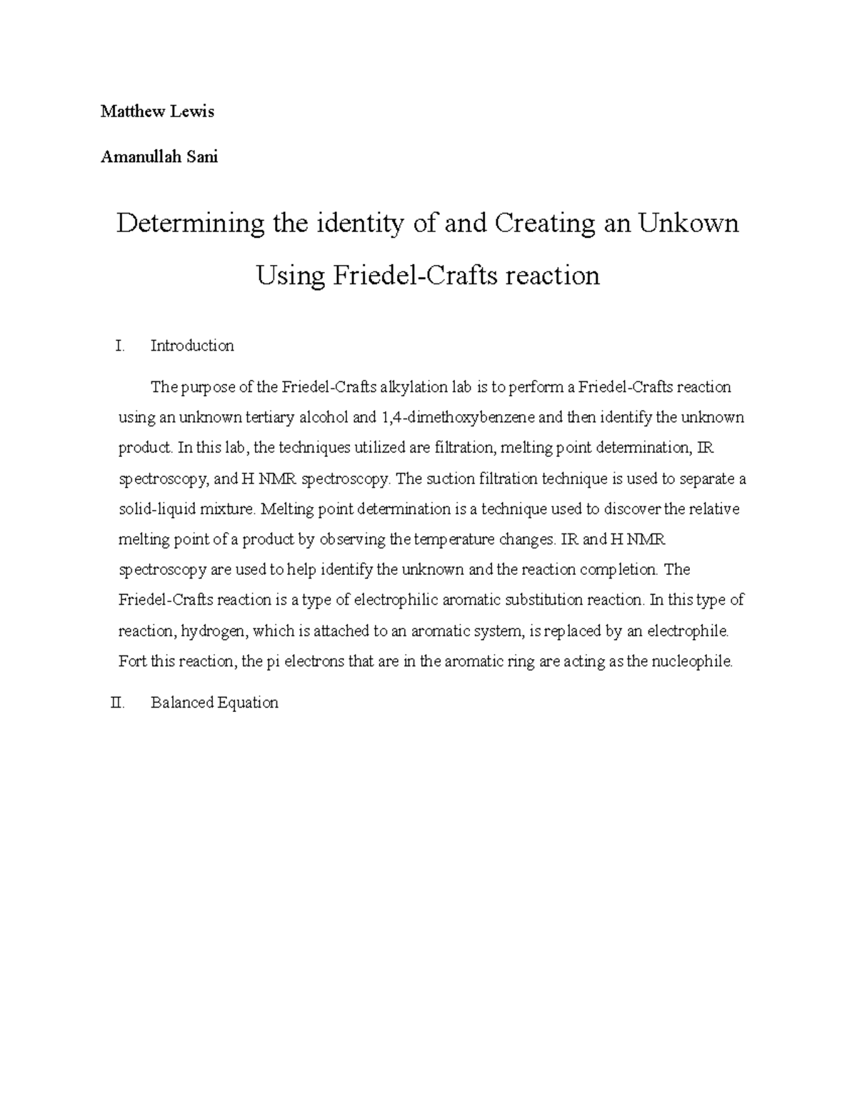 Lab 2: Feidyl-Crafts alkylation and unknown product identification ...