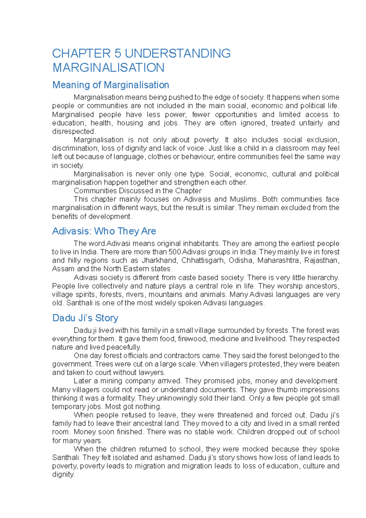 CHAPTER 5: UNDERSTANDING MARGINALISATION - Adivasis & Muslims - Studocu