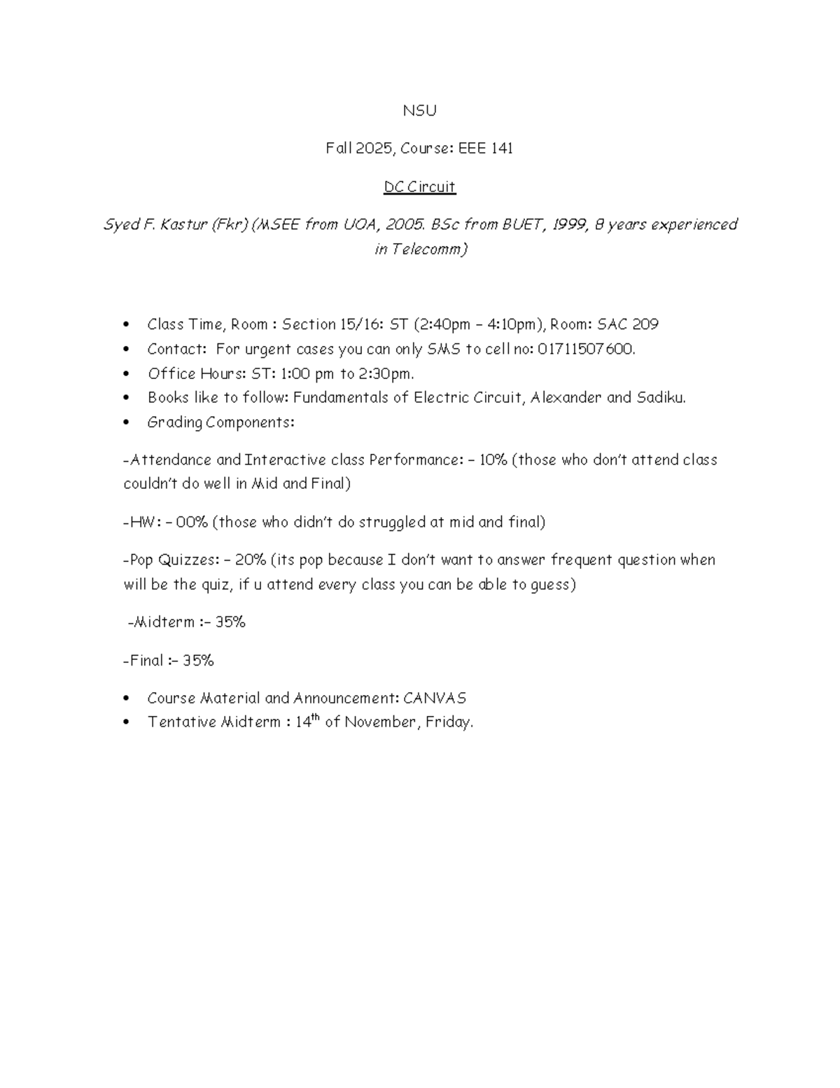NSU Fall 2025: Lecture Notes for Course 141 DC Circuit - Studocu