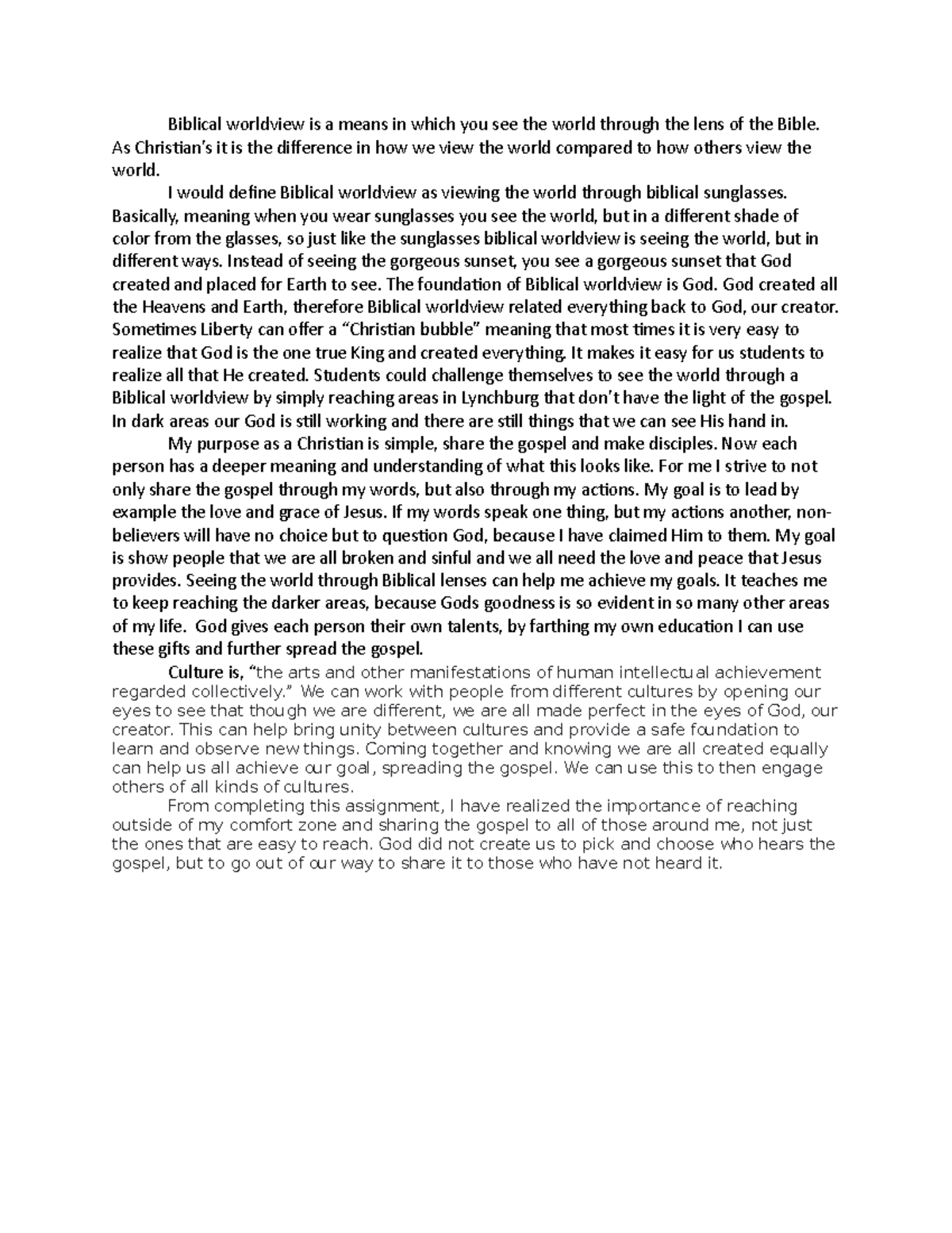 Biblical Worldview Essay UNIV - Biblical worldview is a means in which ...