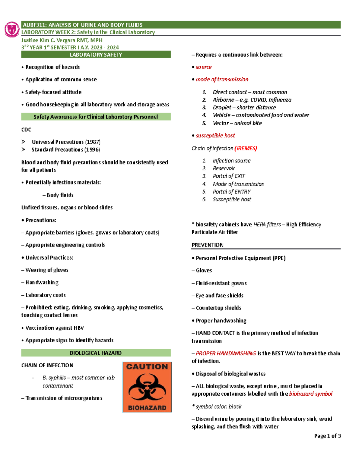 AUBF311 Lab Week 2: Specimen Handling & Safety Precautions - Studocu