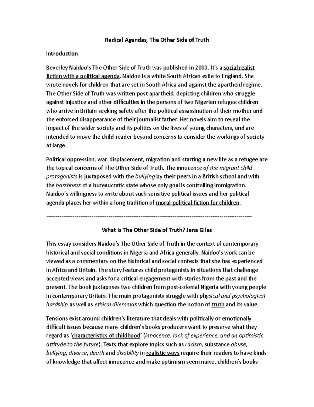 Analysis of Beverley Naidoo's *The Other Side of Truth*: Context ...