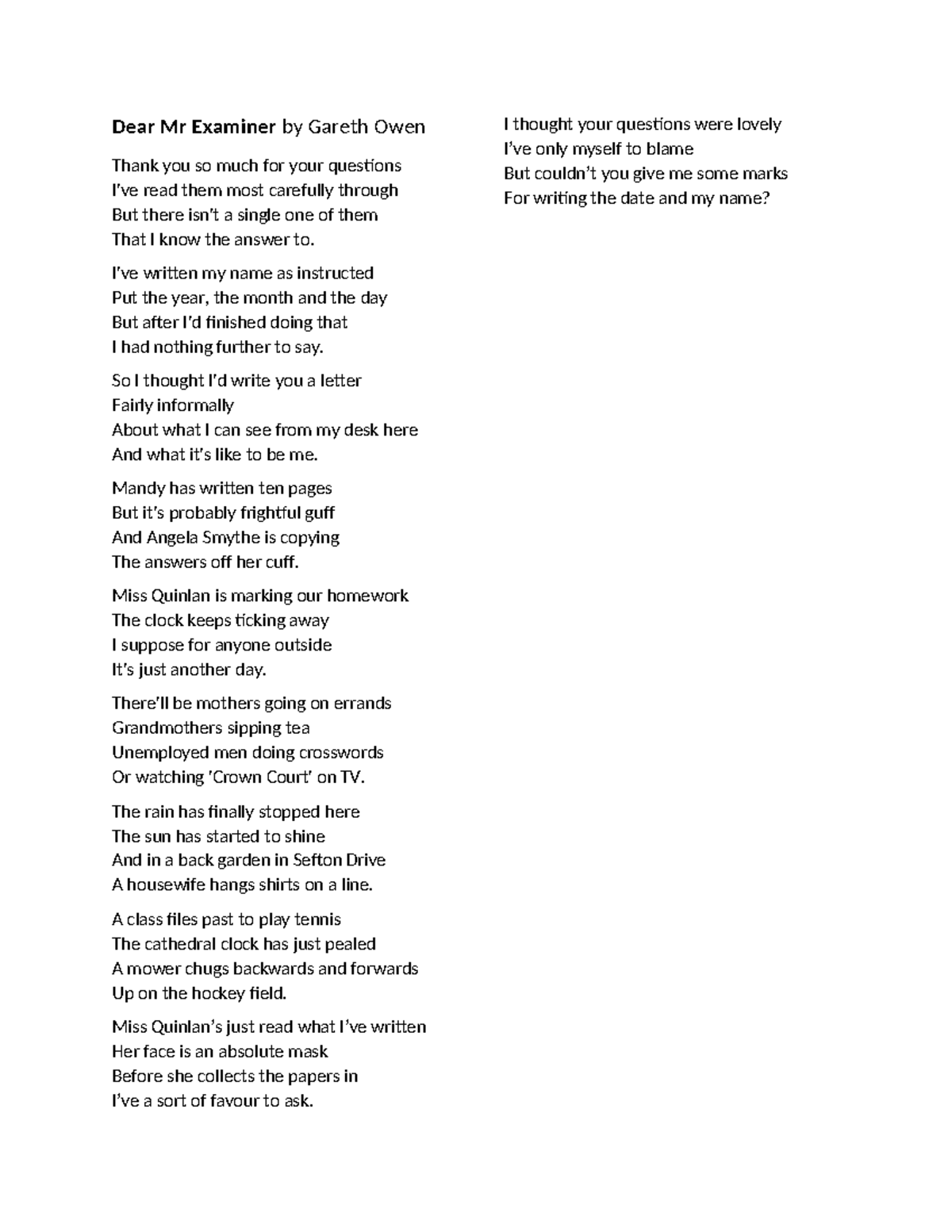 ENG 101 - Final Exam Poem Analysis: Dear Mr Examiner by Gareth Owen ...