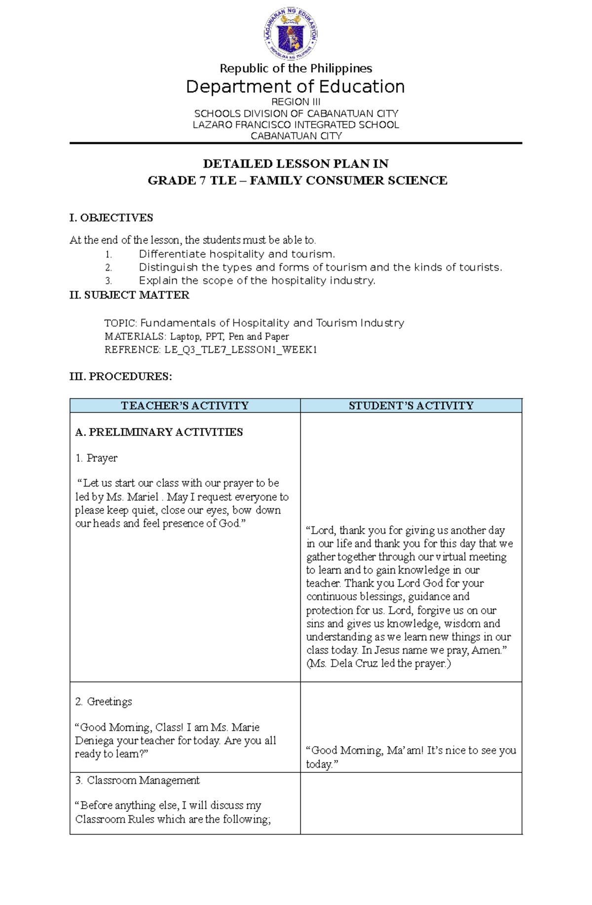 Fundamentals of Hospitality & Tourism Industry - G7 Lesson Plan Q3 W1 ...