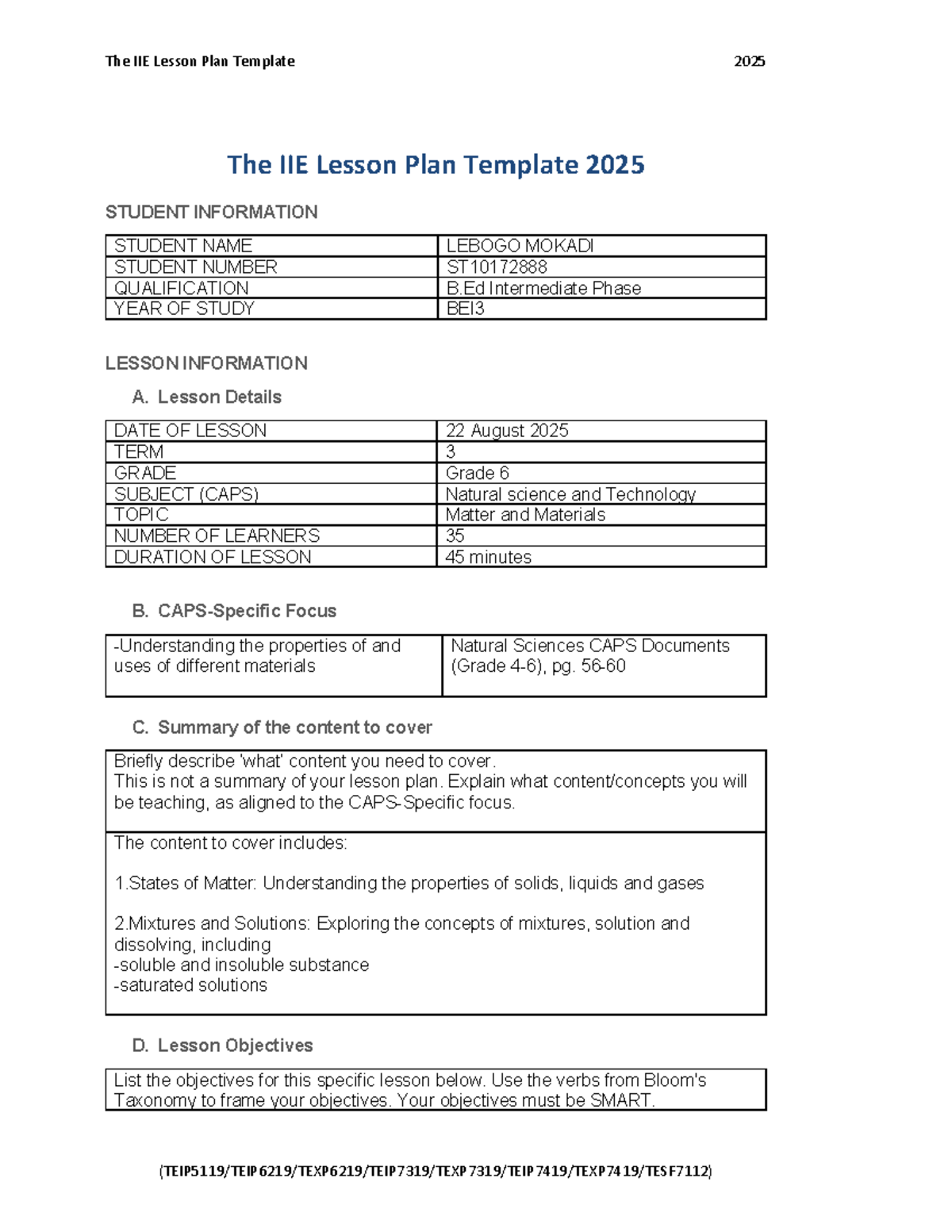 IIE Lesson Plan Template 2025: Grade 6 Natural Science Lesson - Studocu