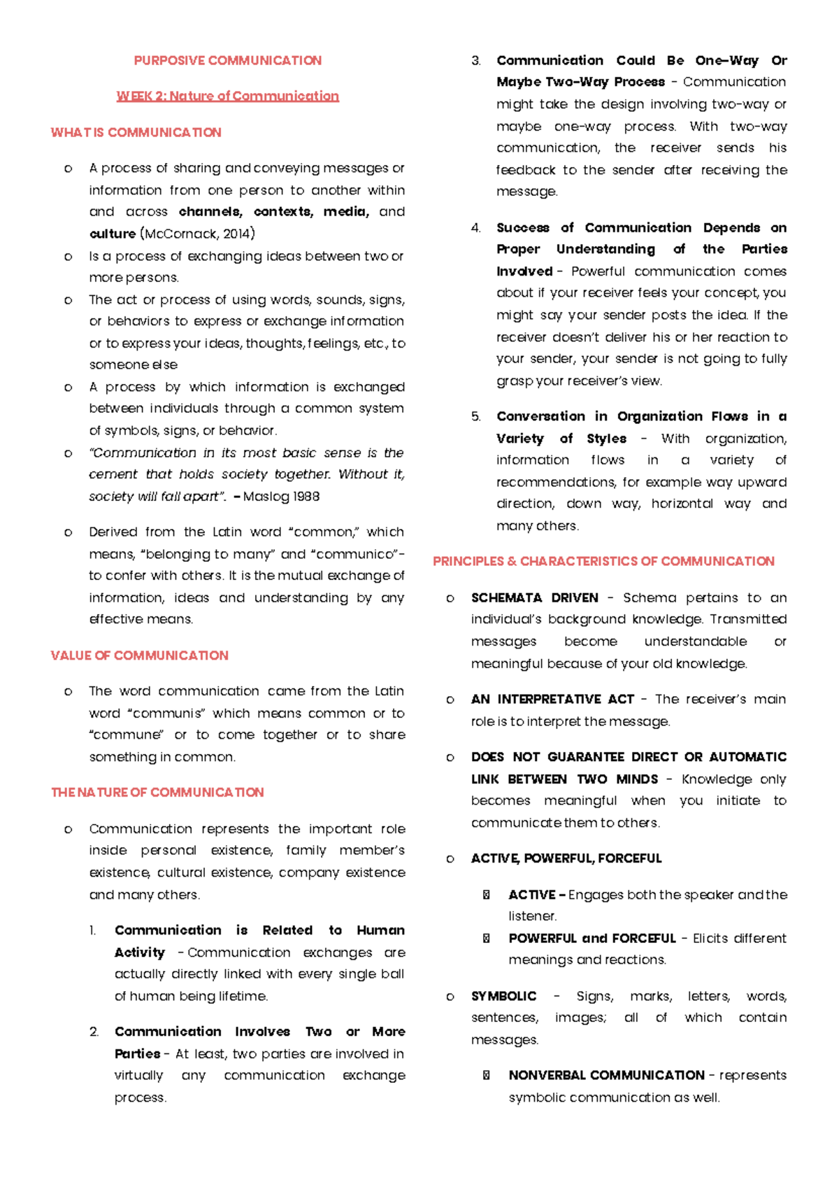 PURC 101: Week 2 & 4 Notes on Nature of Communication & Culture - Studocu