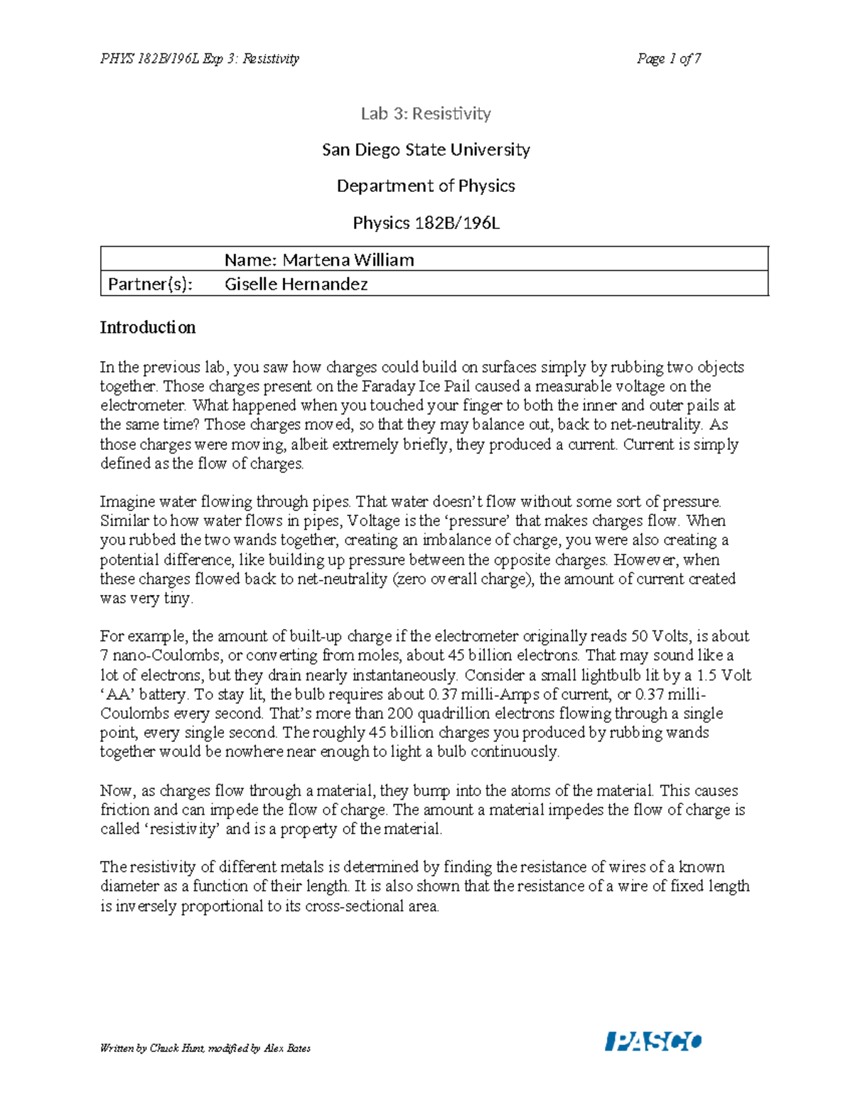 PHYS 182B 196L Lab 3: Measuring Resistivity of Materials - Studocu