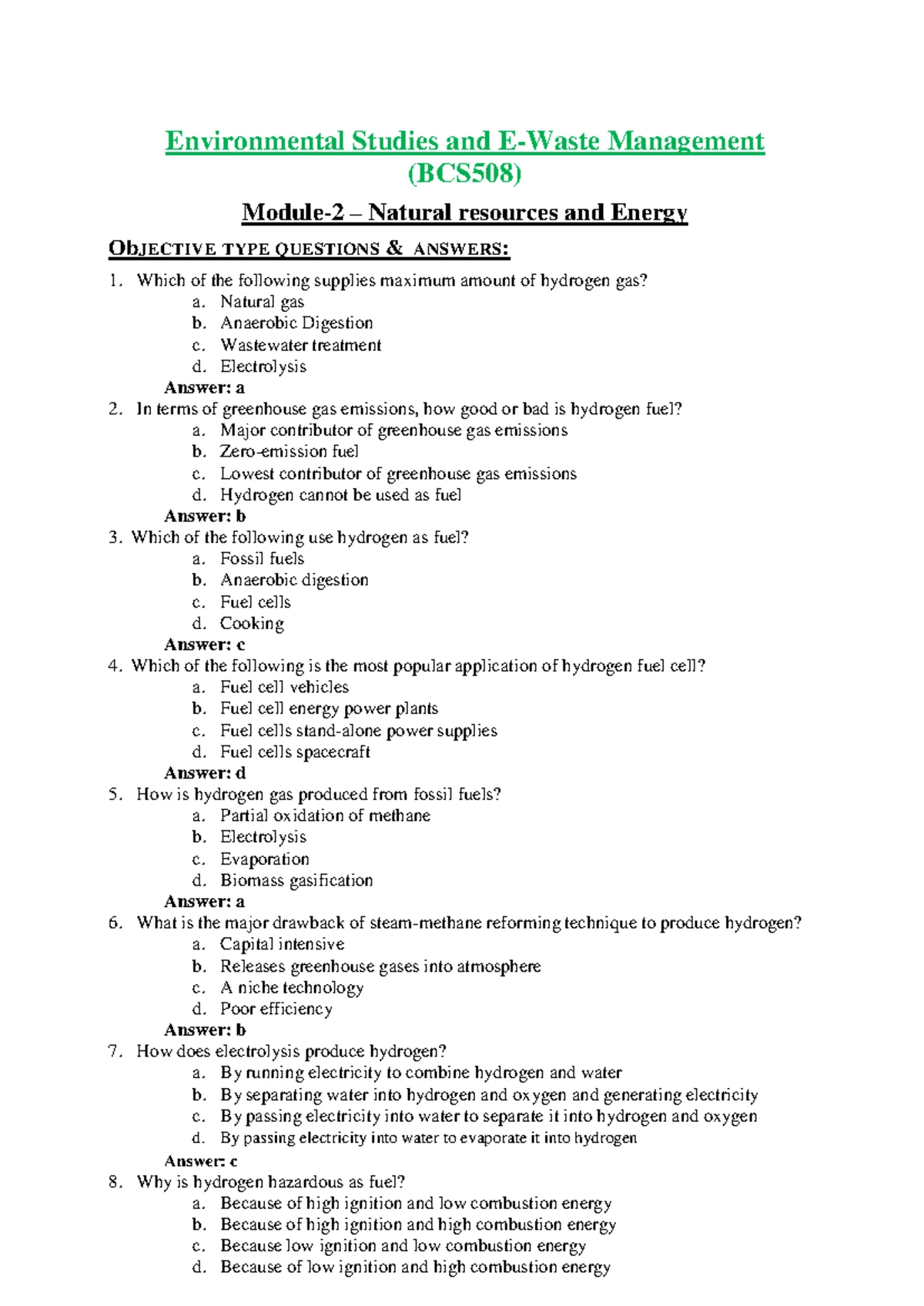 Module 3 MCQs on Environmental Pollution - BCS508 - Studocu