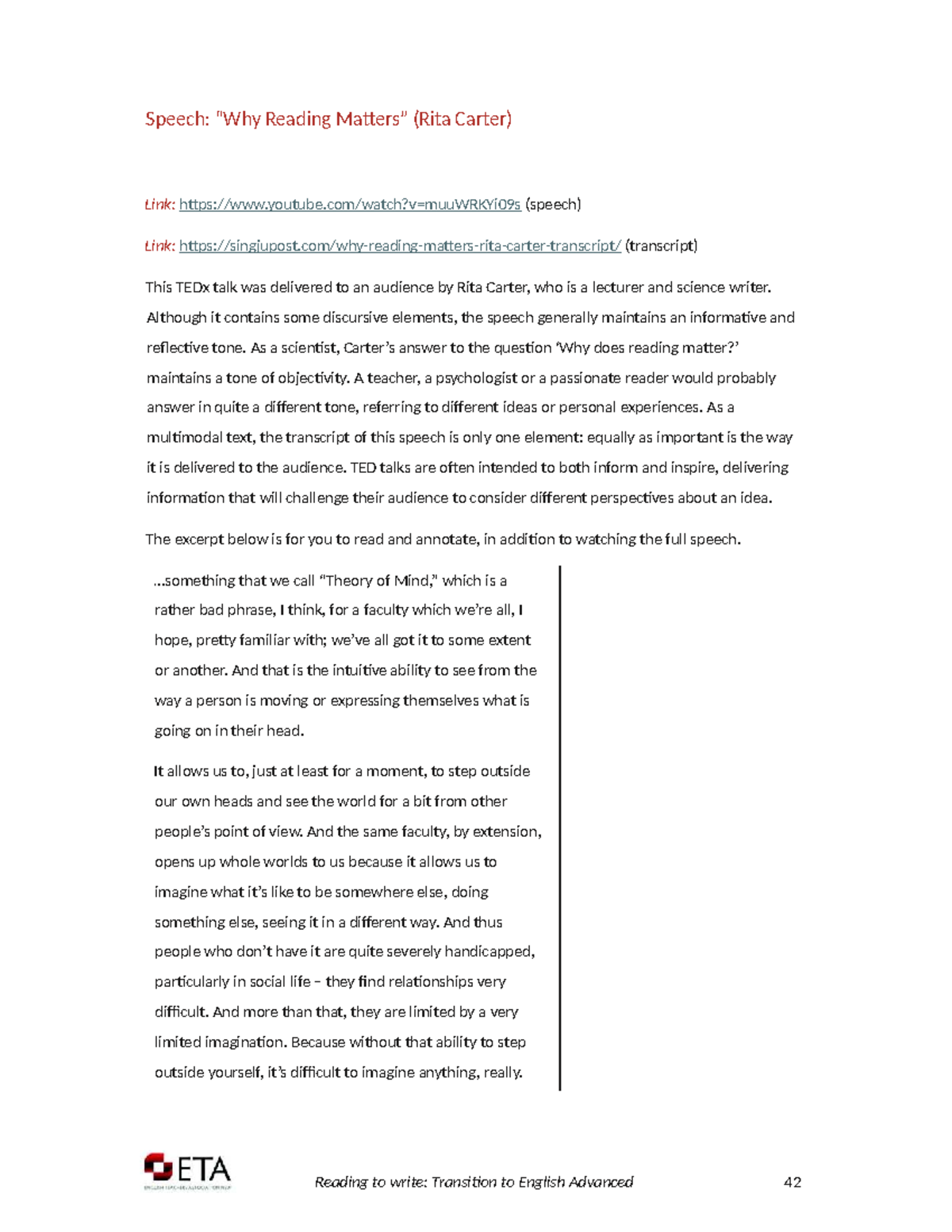 Why Reading Matters: Insights from Rita Carter (ENG Advanced) - Studocu