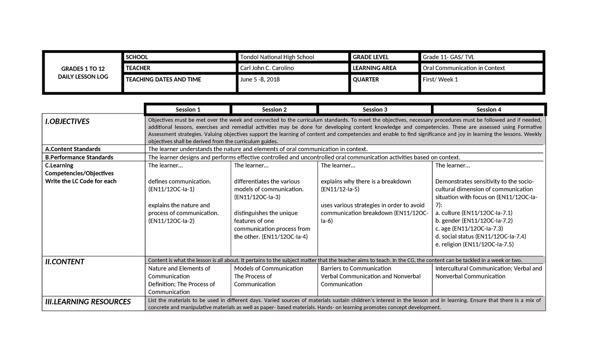 Daily Lesson Log for Oral Communication in Context (Grade TVL) - Week 1 ...