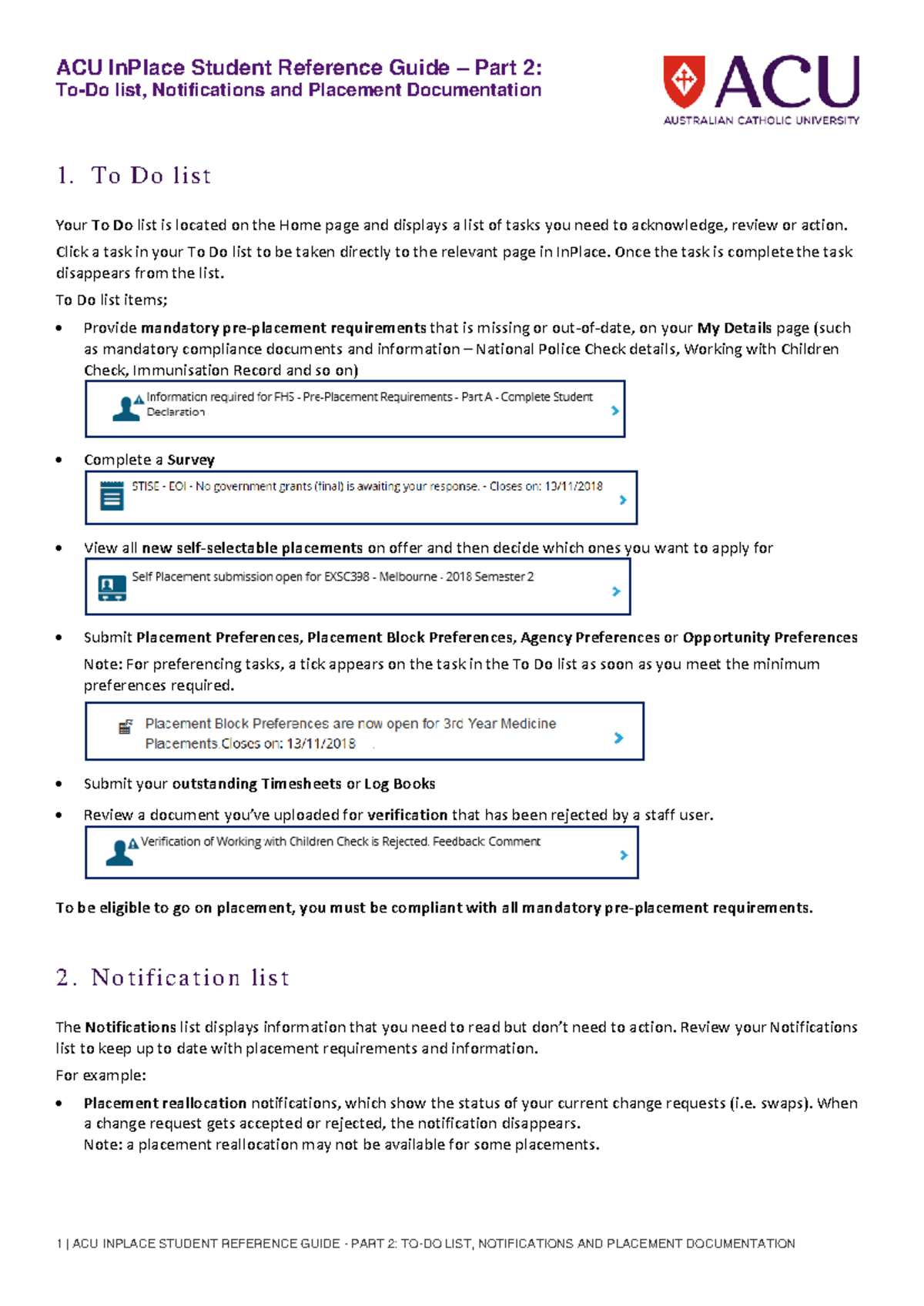 ACU InPlace Student Guide: To-Do List, Notifications & Placement Docs ...