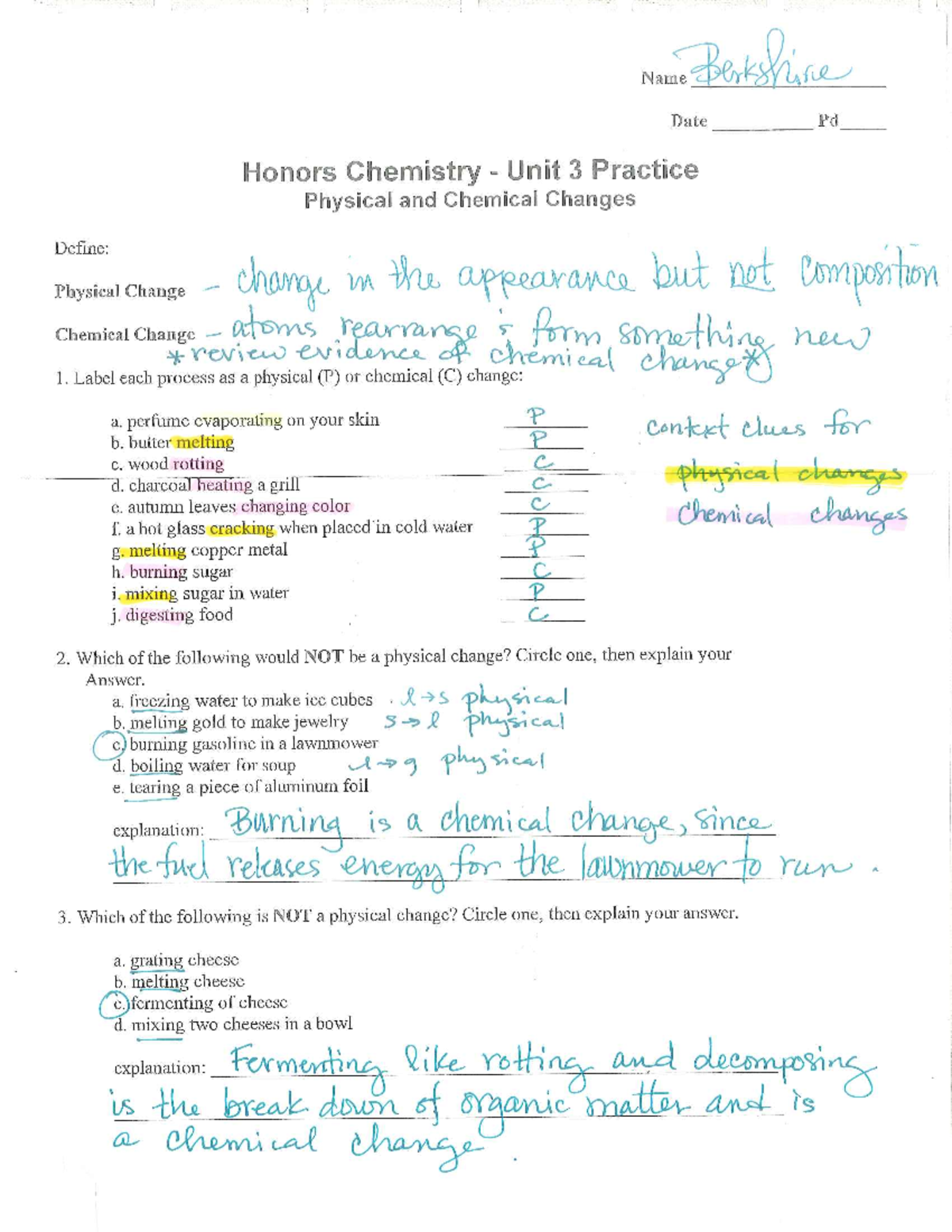 Honors Chemistry 2024 Unit 3 Practice: Physical & Chemical Changes ...