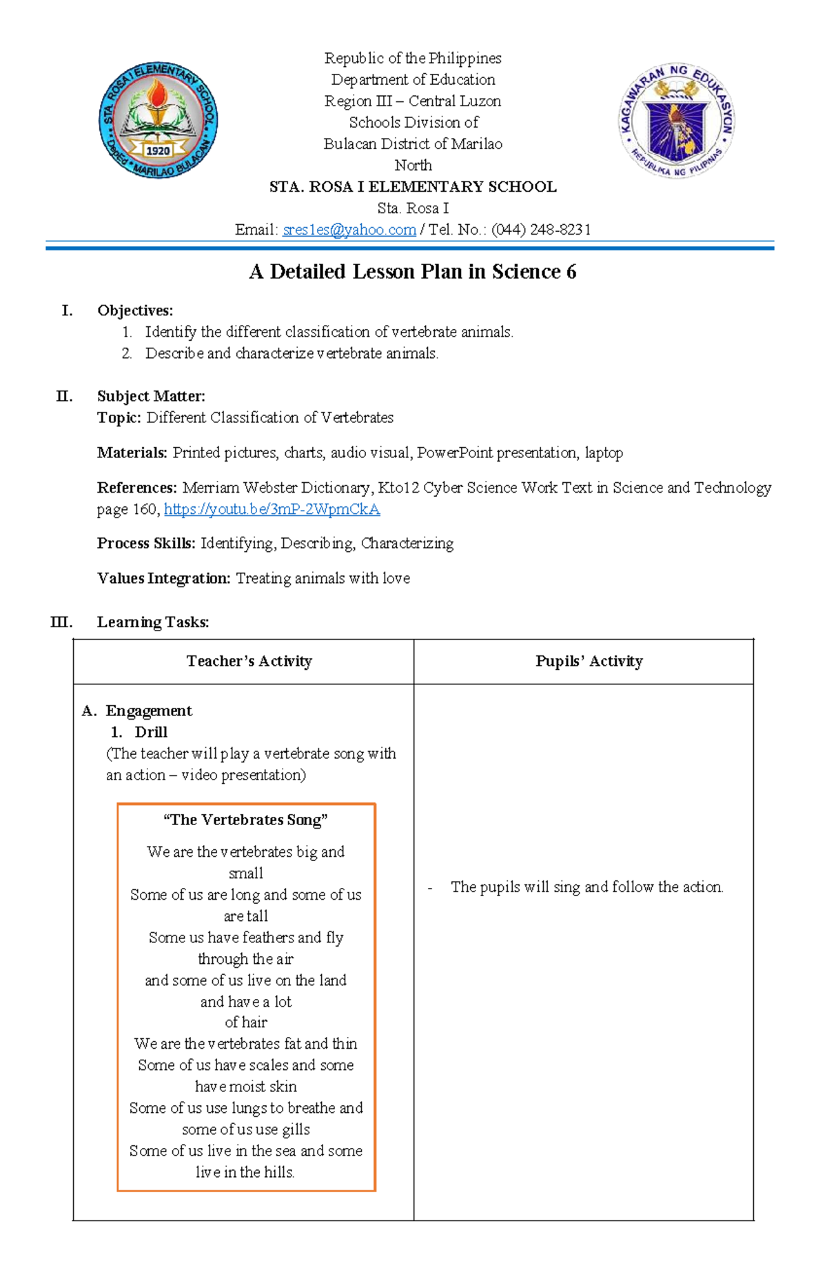 Detailed Lesson Plan in Science 6: Classification of Vertebrates - Studocu