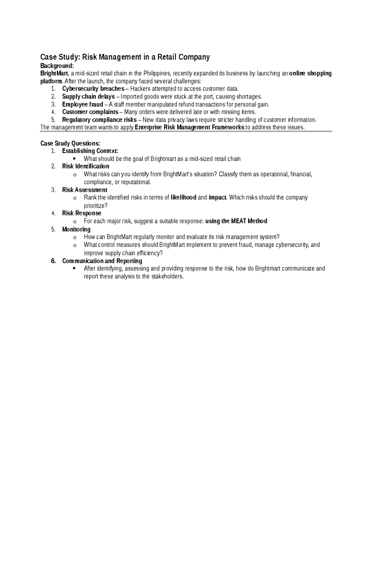 Case Study: Risk Management Challenges at BrightMart (Retail) - Studocu