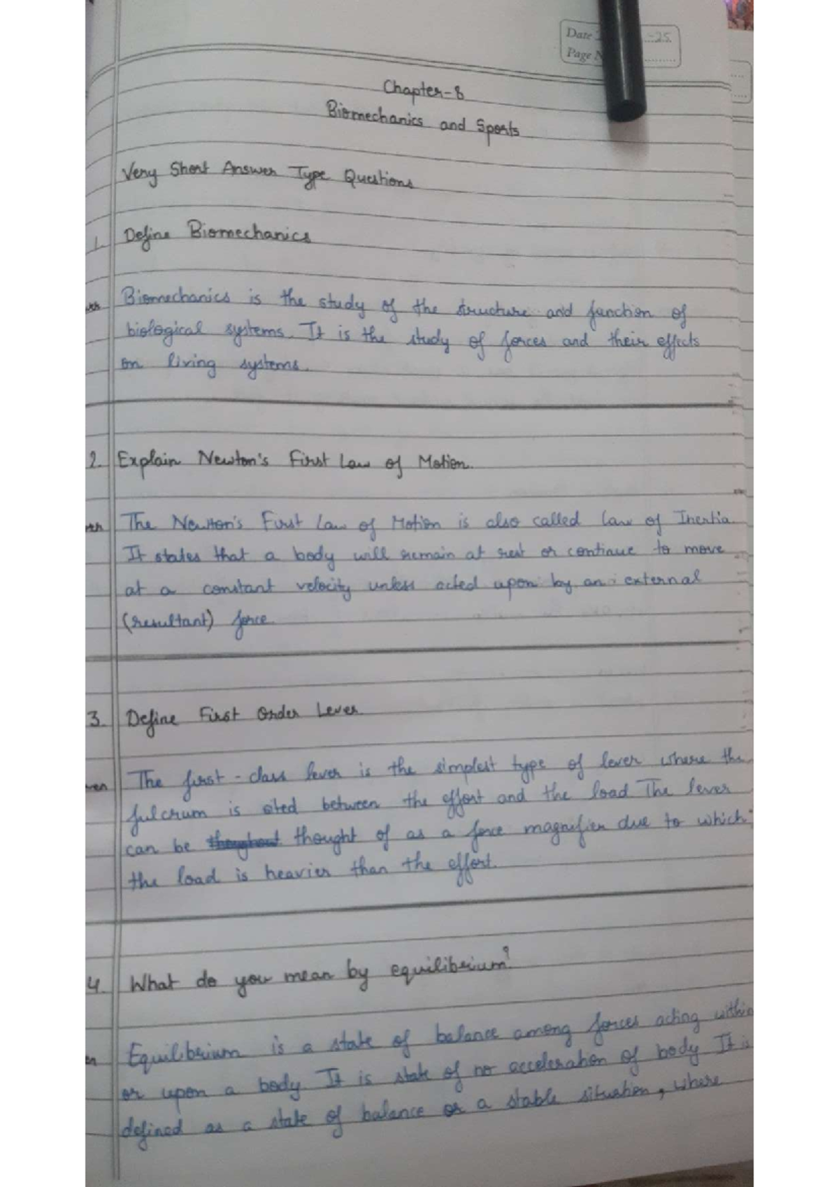 Chapter 8: Biomechanics and Sports - Very Short Answer Questions (PE101 ...