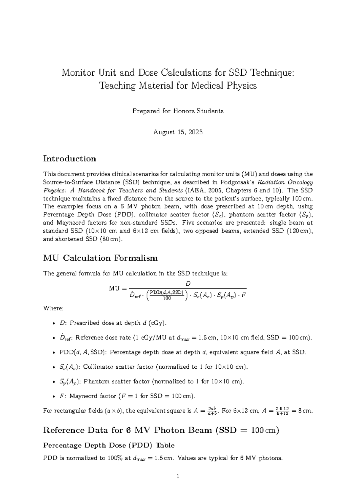 Monitor Unit & Dose Calculations for SSD Technique: Teaching Material ...