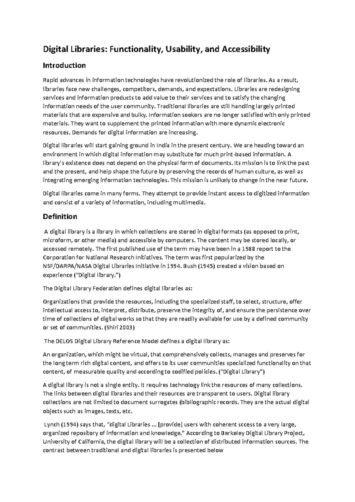 Digital Library Functions - Digital Libraries: Functionality, Usability, and Accessibility - Studocu