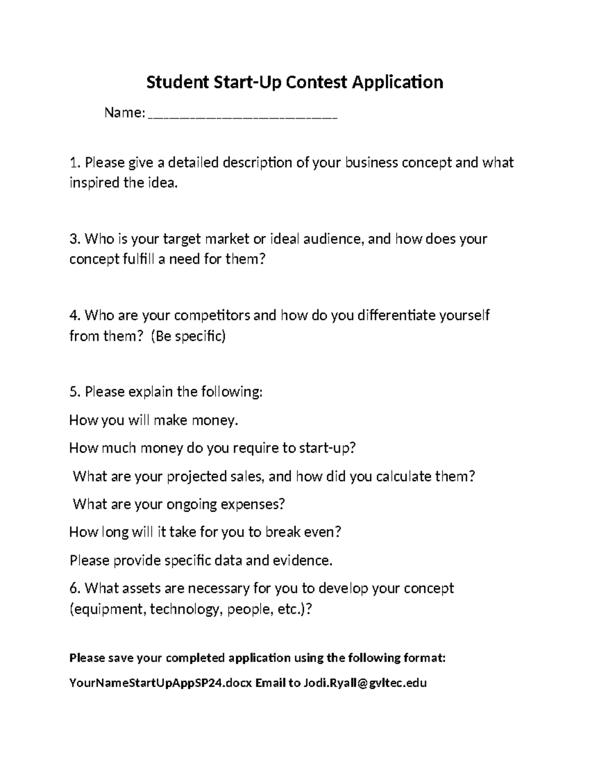Startup Support Application - Student Start-Up Contest Application Name ...