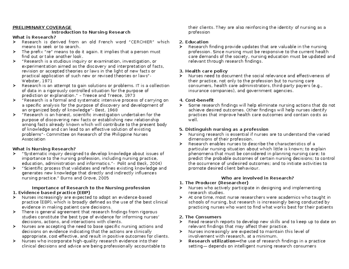 NUR-401 Preliminary Coverage of Nursing Research Concepts and ...