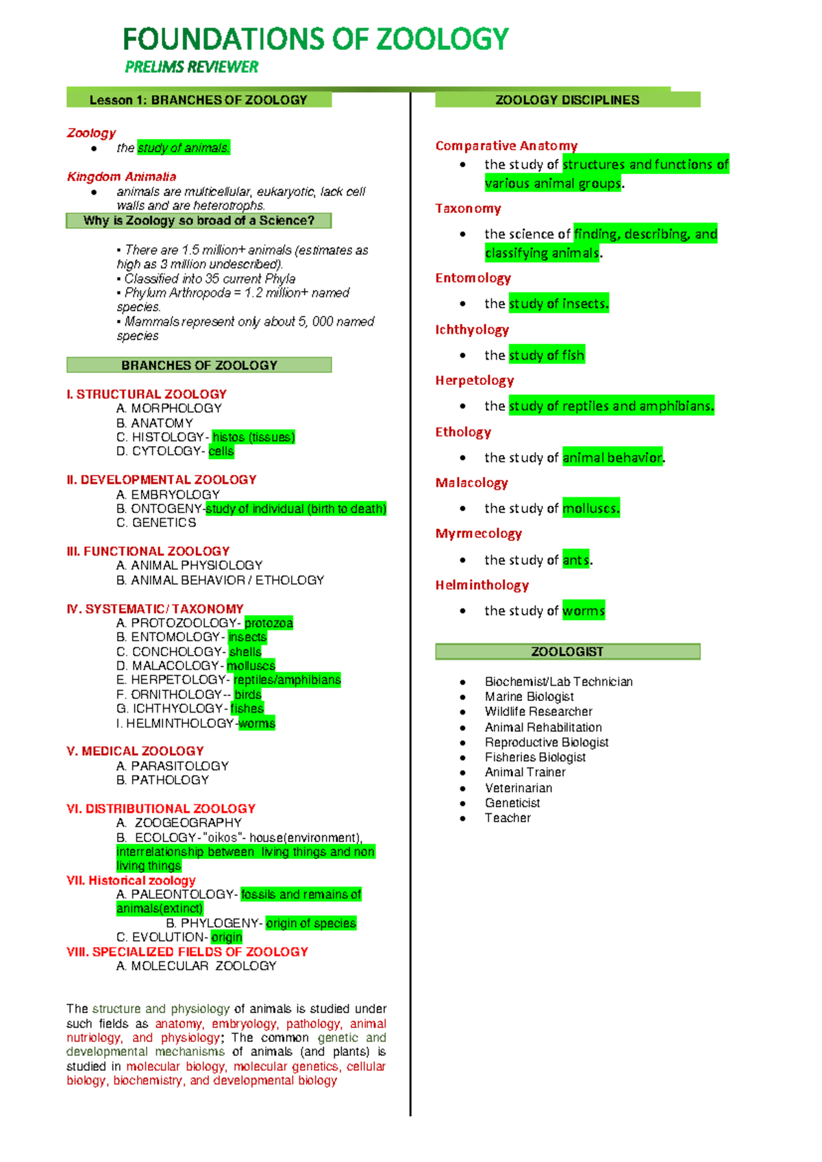 Zoology Lec and Lab - notes from discussion - PRELIMS REVIEWER Lesson 1 ...