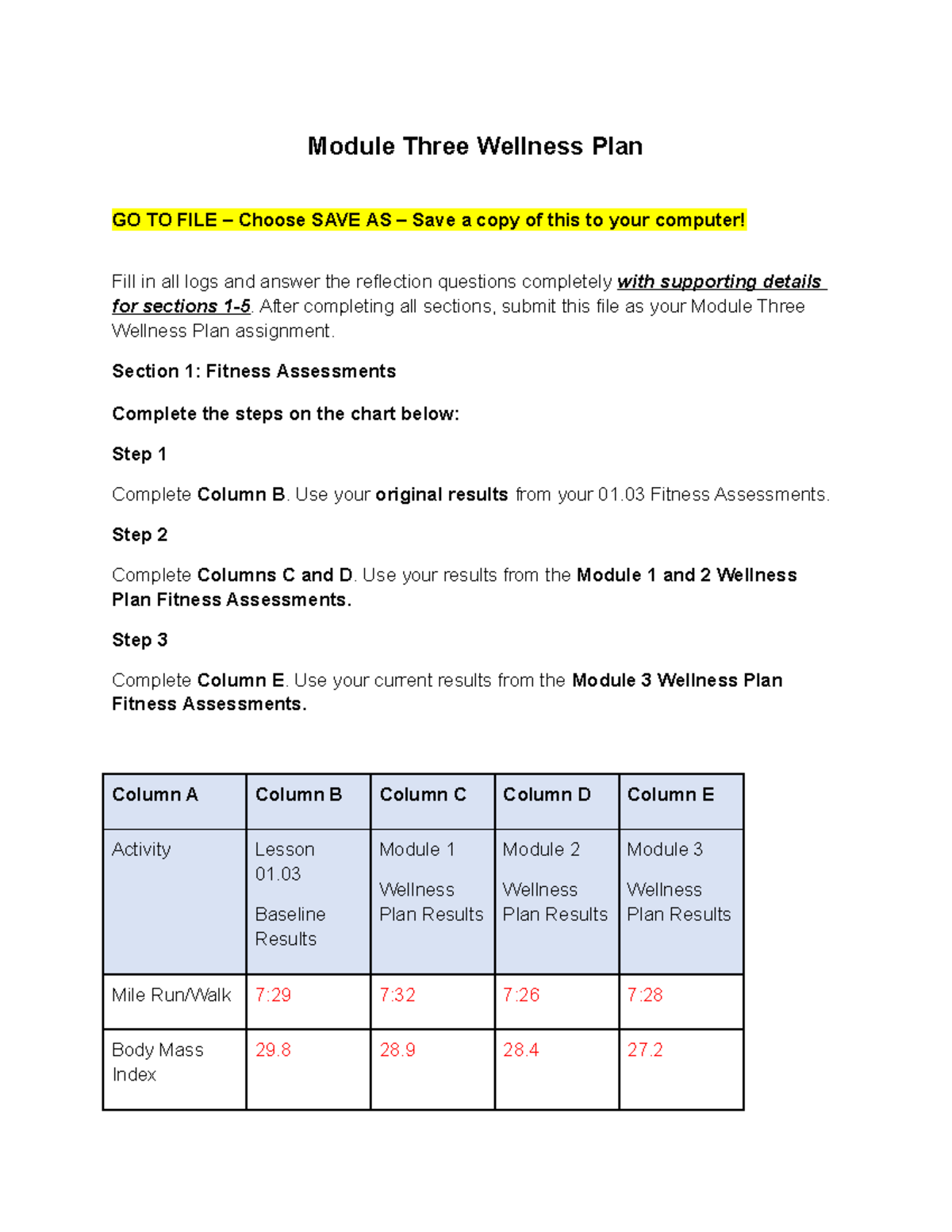 Module three wellness plan - Module Three Wellness Plan GO TO FILE ...
