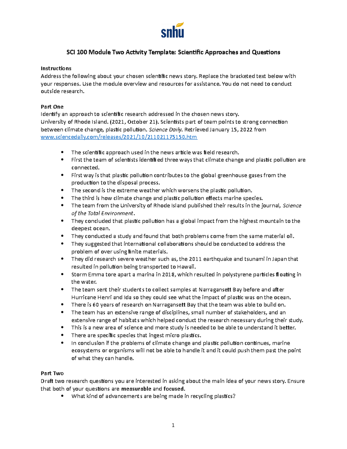 SCI 100 Module Two Activity: Scientific Approaches & Research Questions ...