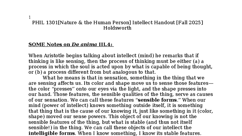 PHIL 1301 - Nature & the Human Person: Intellect Handout (Fall 2025 ...