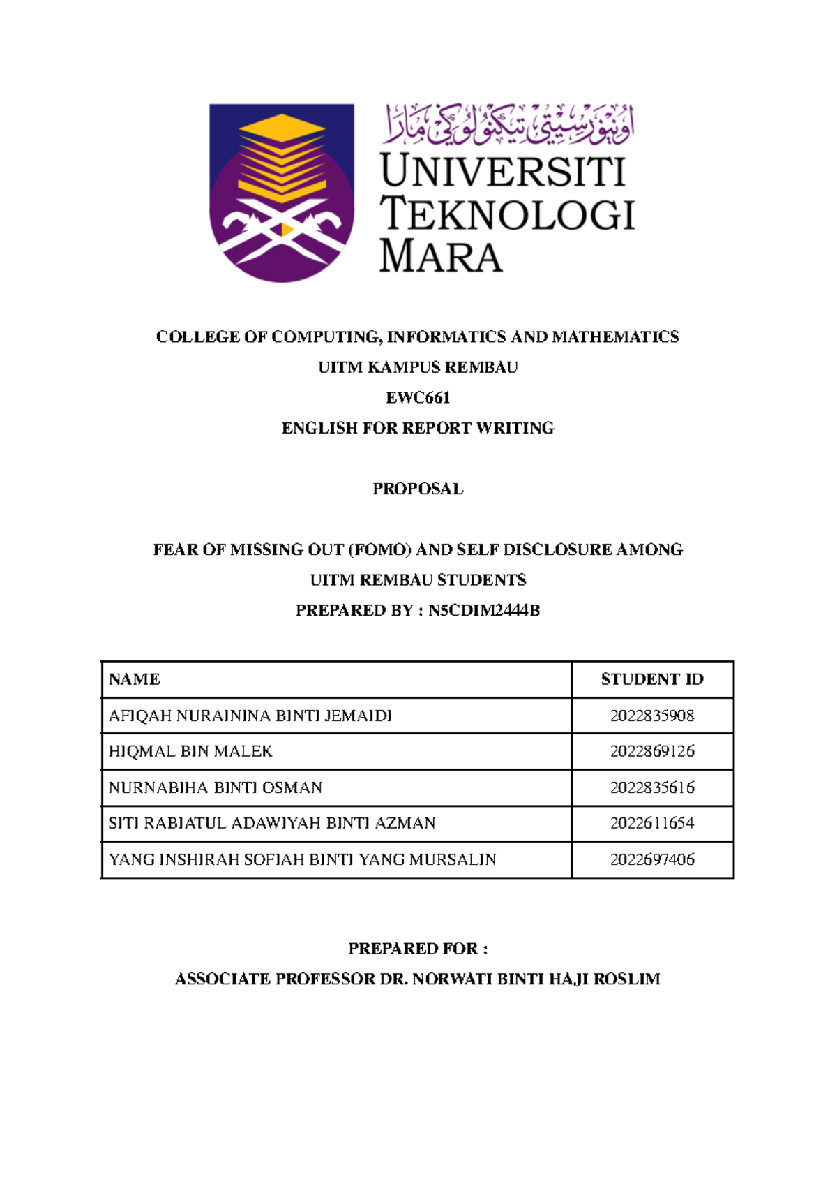 EWC - ASSIGNMENTS - COLLEGE OF COMPUTING, INFORMATICS AND MATHEMATICS UITM KAMPUS REMBAU EWC 661 ...