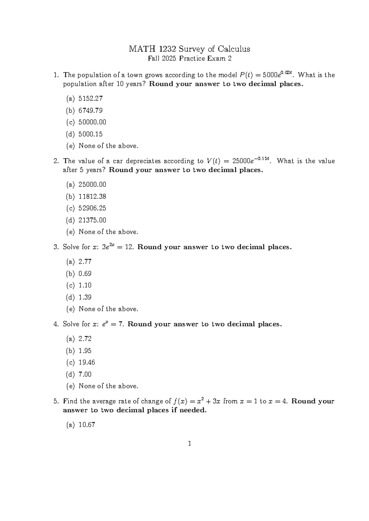 MATH 1232 Fall 2025 Survey of Calculus Practice Exam 2 Solutions - Studocu