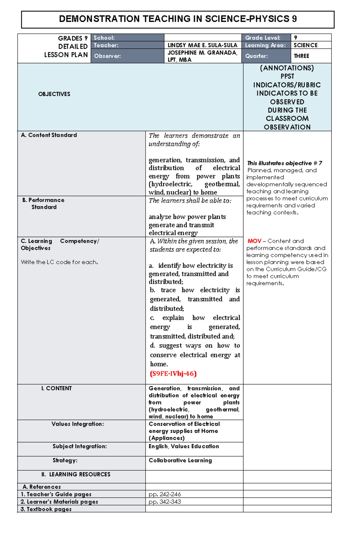 Science 9 Lesson Plan: Generation & Distribution of Electrical Energy ...