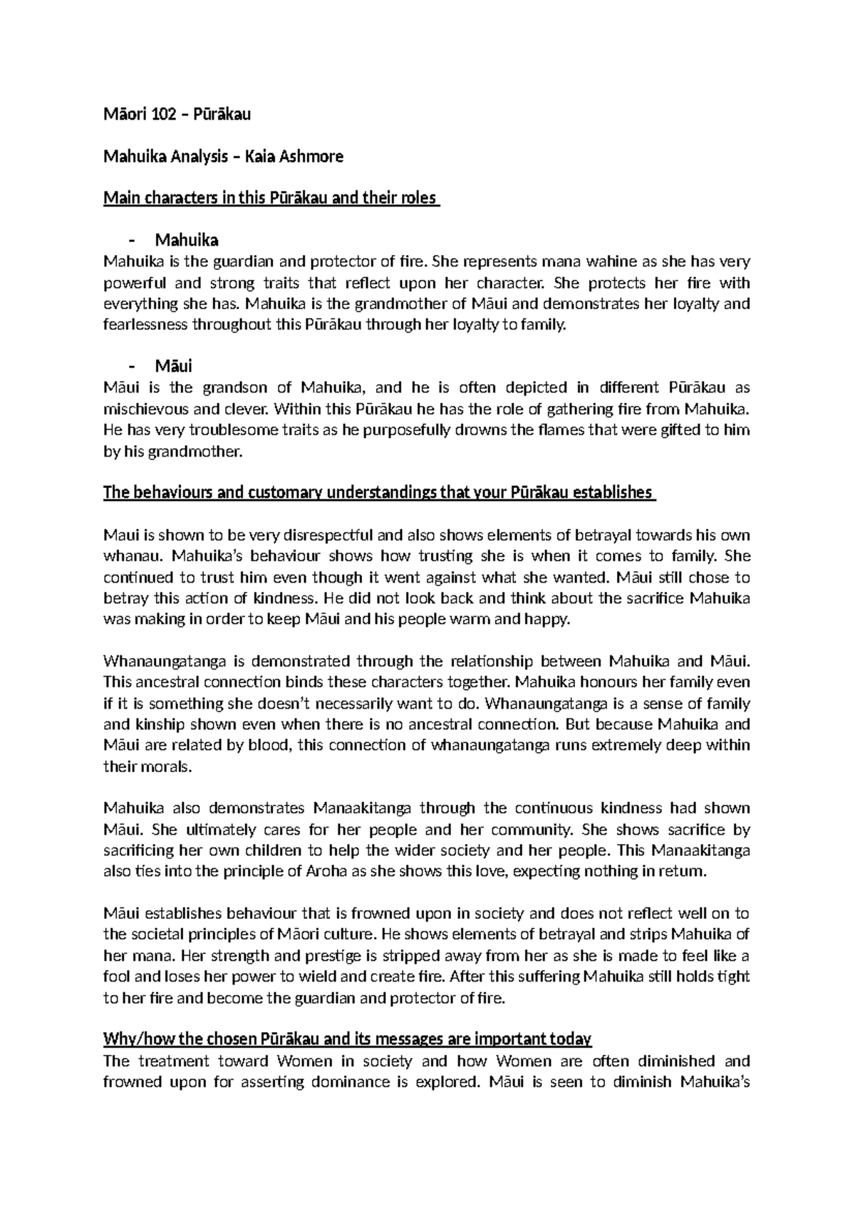 Māori 102 – Pūrākau Analysis: Mahuika and Māui Character Study - Studocu