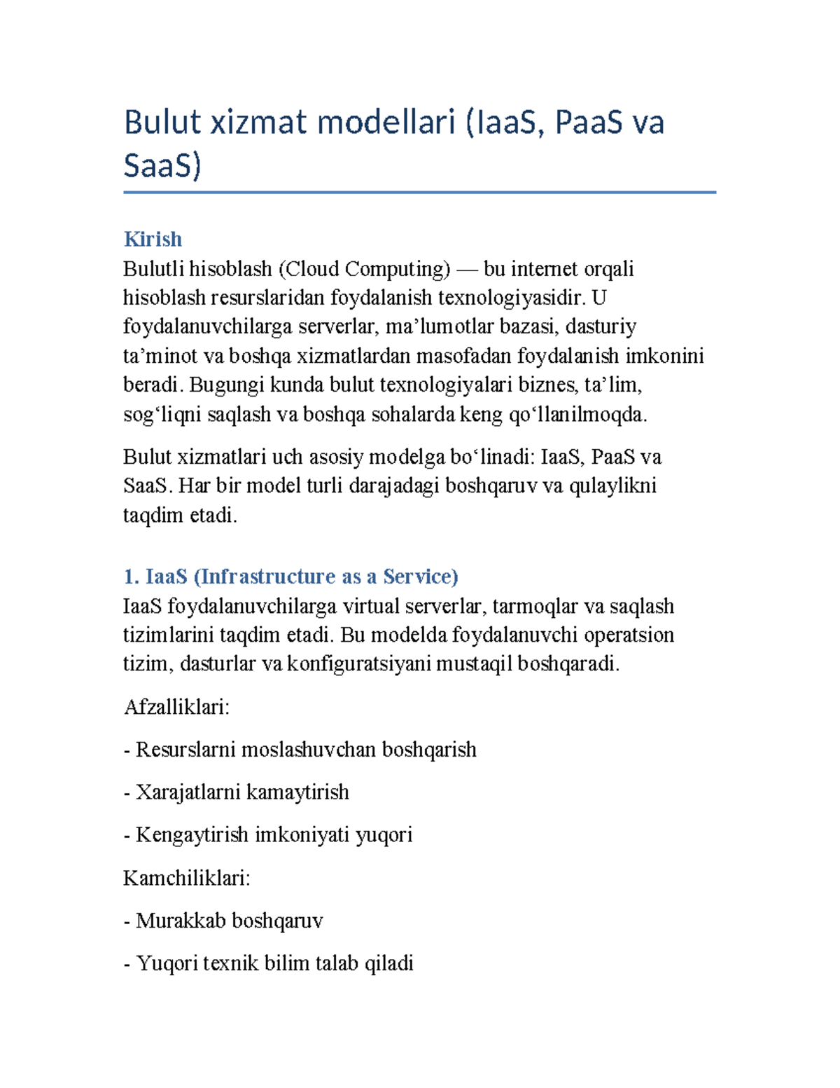 Bulut Xizmat Modellari: IaaS, PaaS va SaaS Tahlili - Studocu