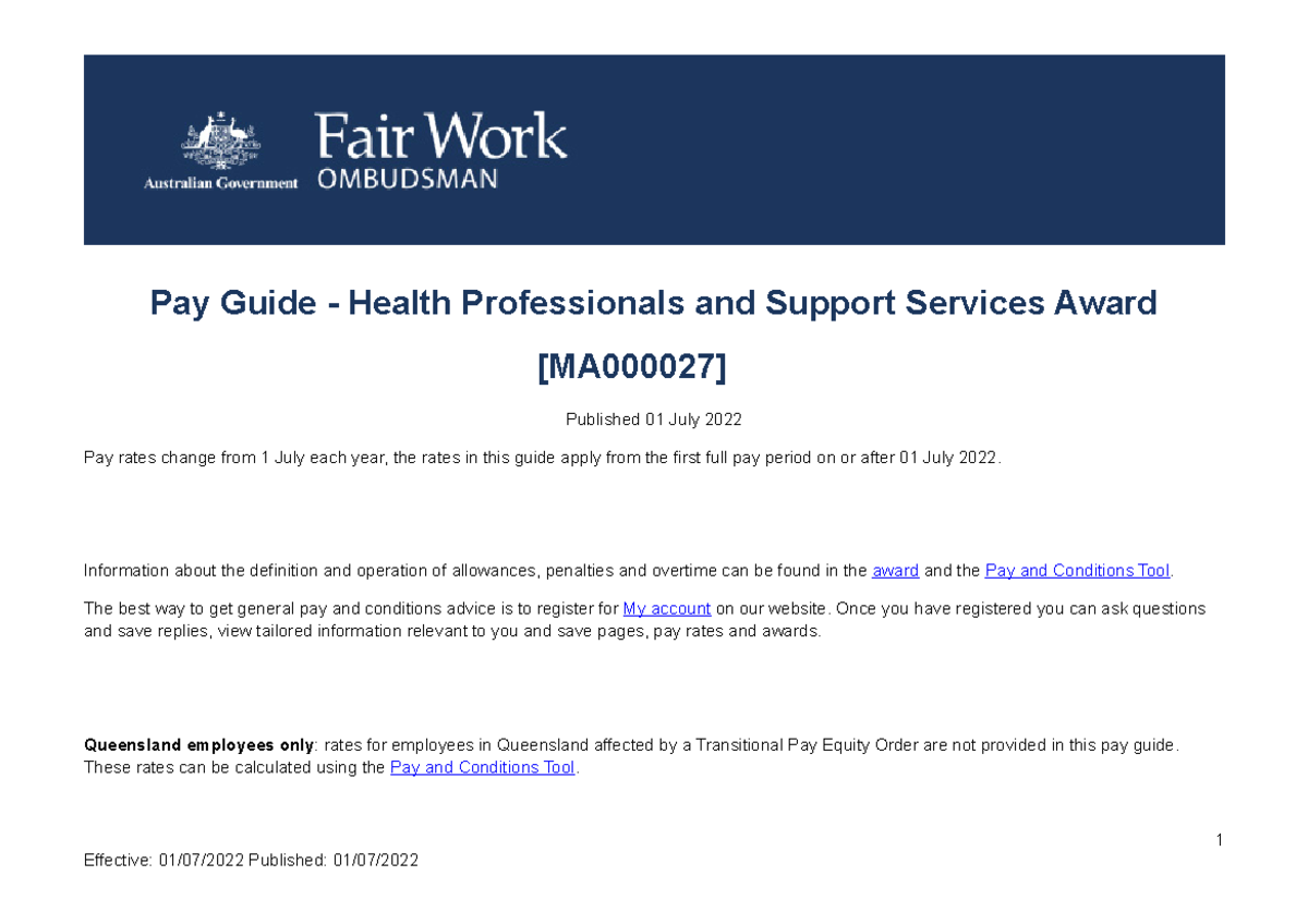 Health Professionals & Support Services Award MA000027 Pay Guide 2022 ...