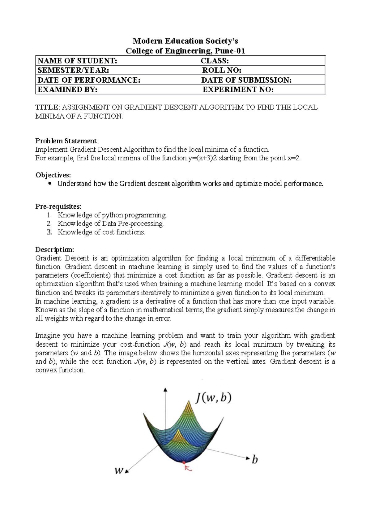 ML A4 - Assignment on Gradient Descent Algorithm for Local Minima - Studocu