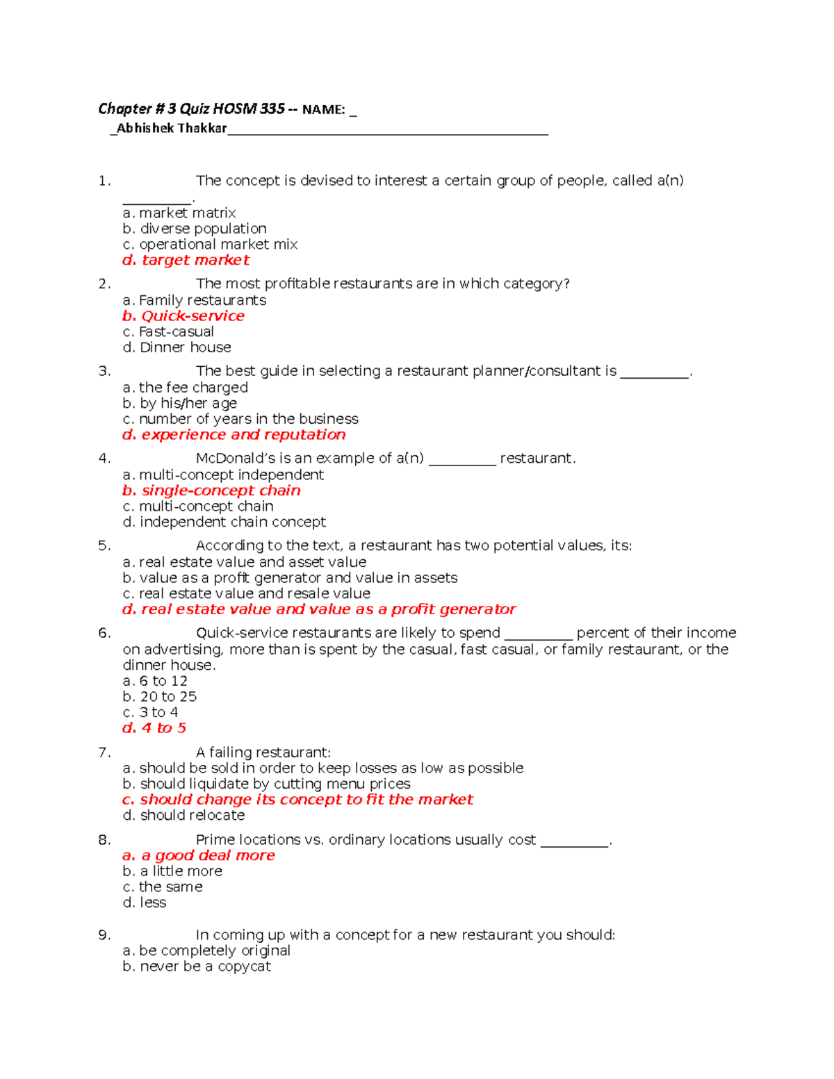 HOSM 335 QUIZ 3 - quiz - Chapter # 3 Quiz HOSM 335 - NAME: _ Abhishek ...