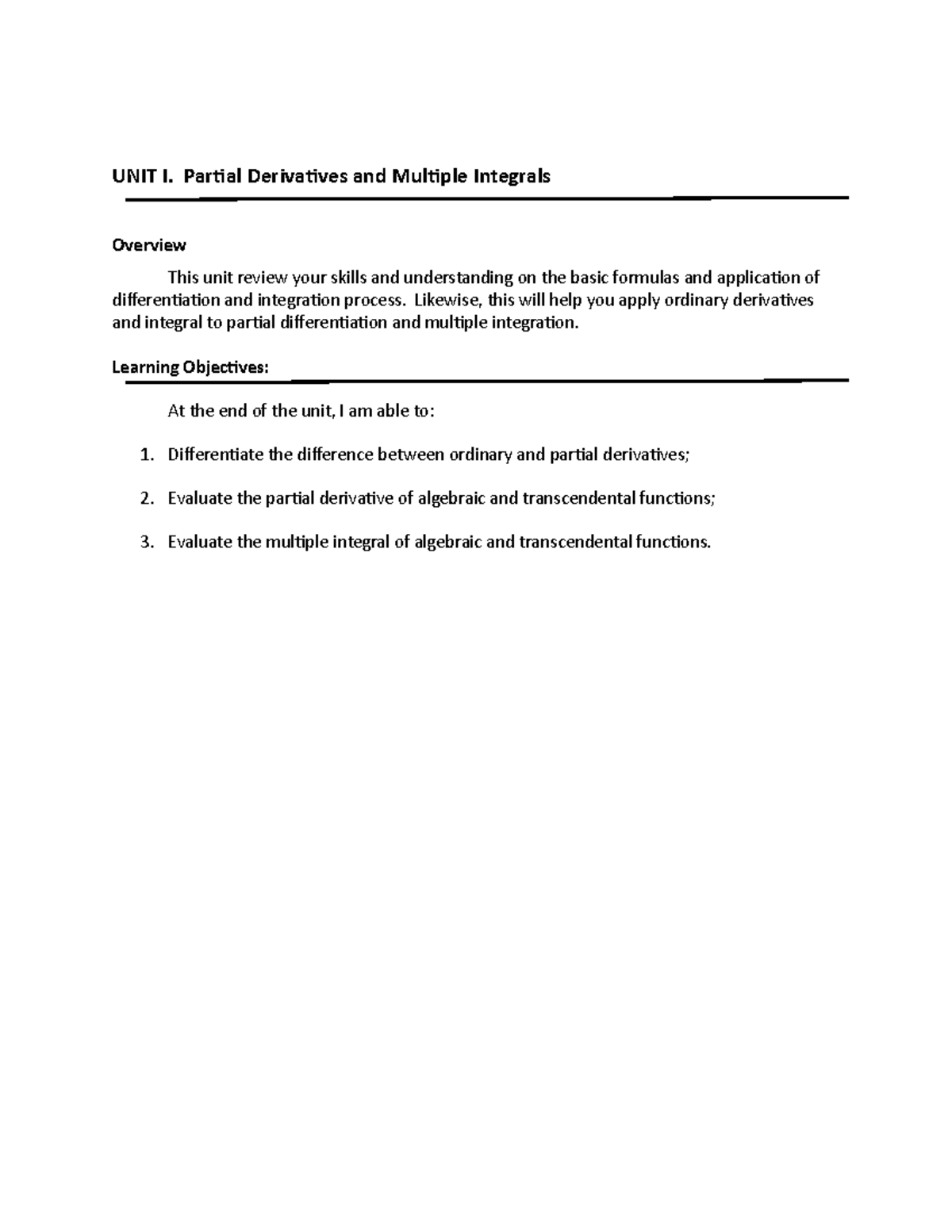MATH 213 UNIT 1 1 - lecture and samples - UNIT I. Partial Derivatives ...