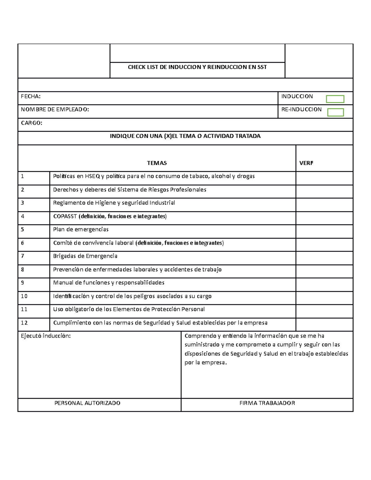 Check LIST Induccion Y RE Induccion - CHECK LIST DE INDUCCION Y ...