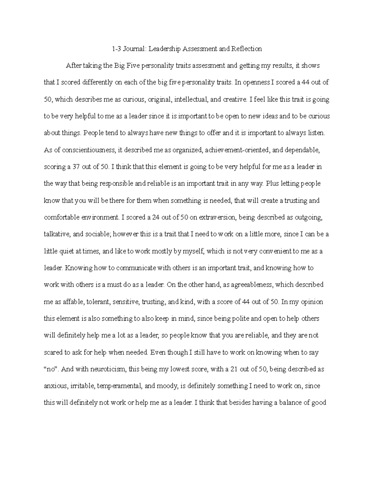 1-3 Leadership Journal: Assessment and Reflection Insights - Studocu