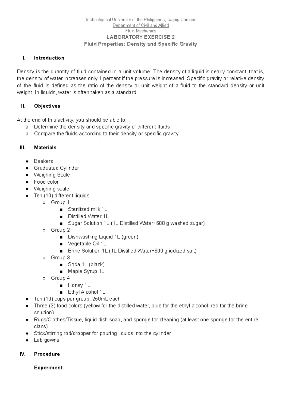 Laboratory Exercise: Density and Specific Gravity of Liquids (Lab 2) - Studocu